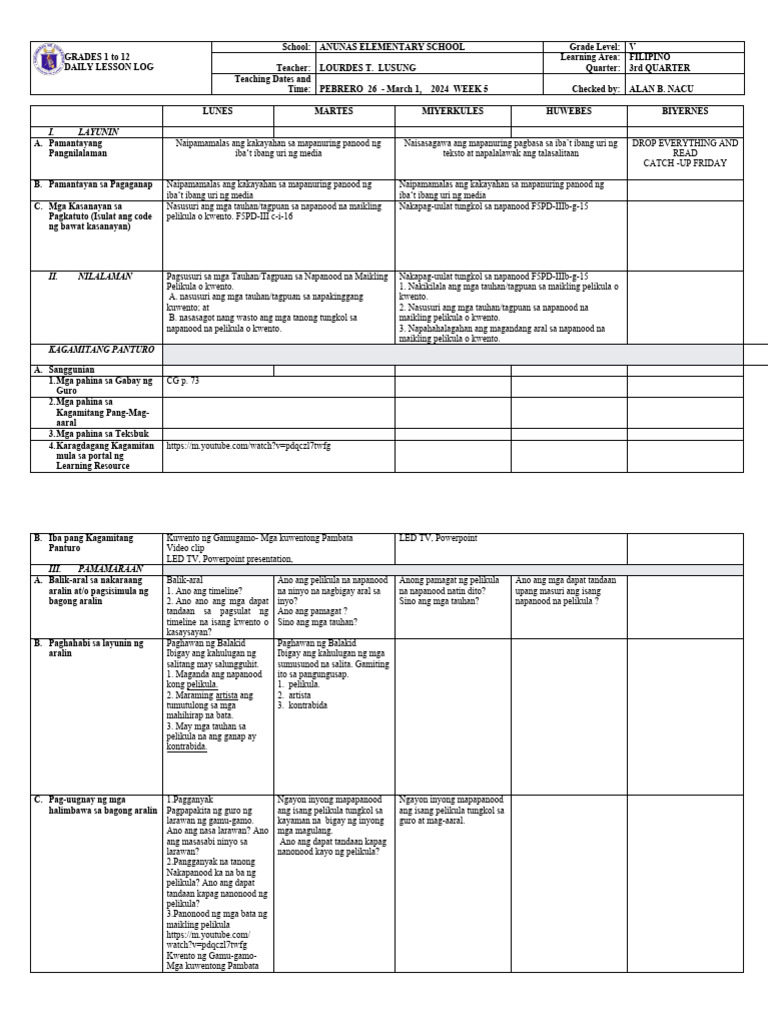 DLL Filipino Q3 Week 5 | PDF