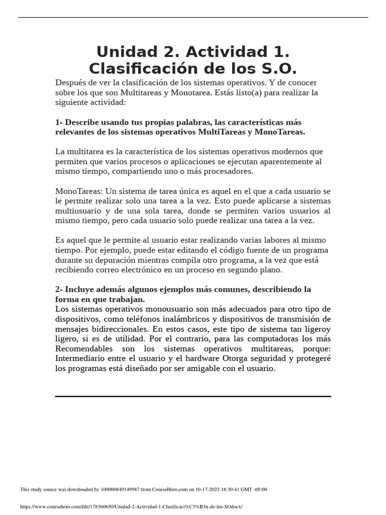 Unidad 2. Actividad 1. Clasificaci N de Los S.O | PDF | Sistema operativo | Programa de computadora