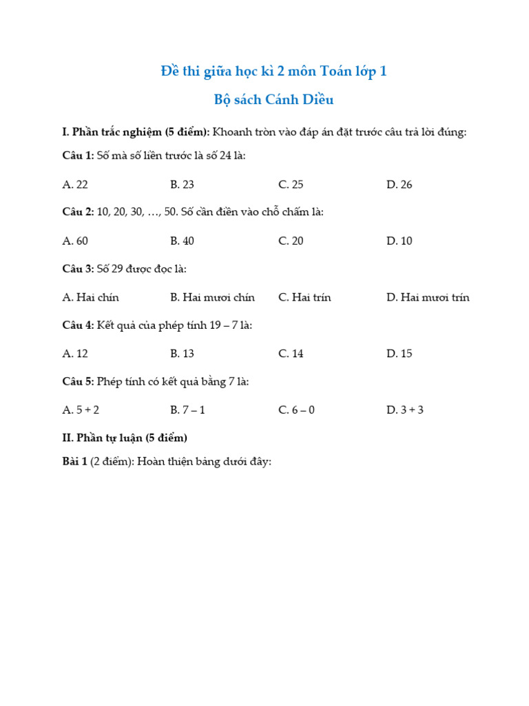De Thi Giua Hoc Ki 2 Mon Toan Lop 1 Canh Dieu | PDF