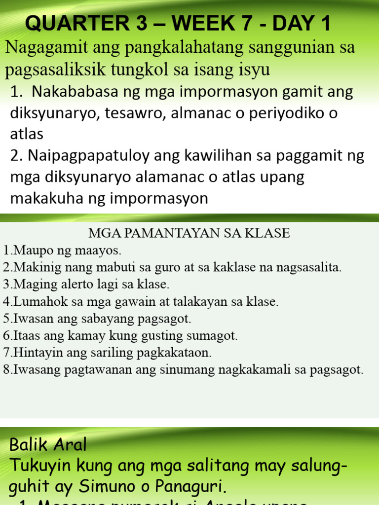 Quarter 3 - Week 7 - Day 1: Nagagamit Ang Pangkalahatang Sanggunian Sa Pagsasaliksik Tungkol Sa ...
