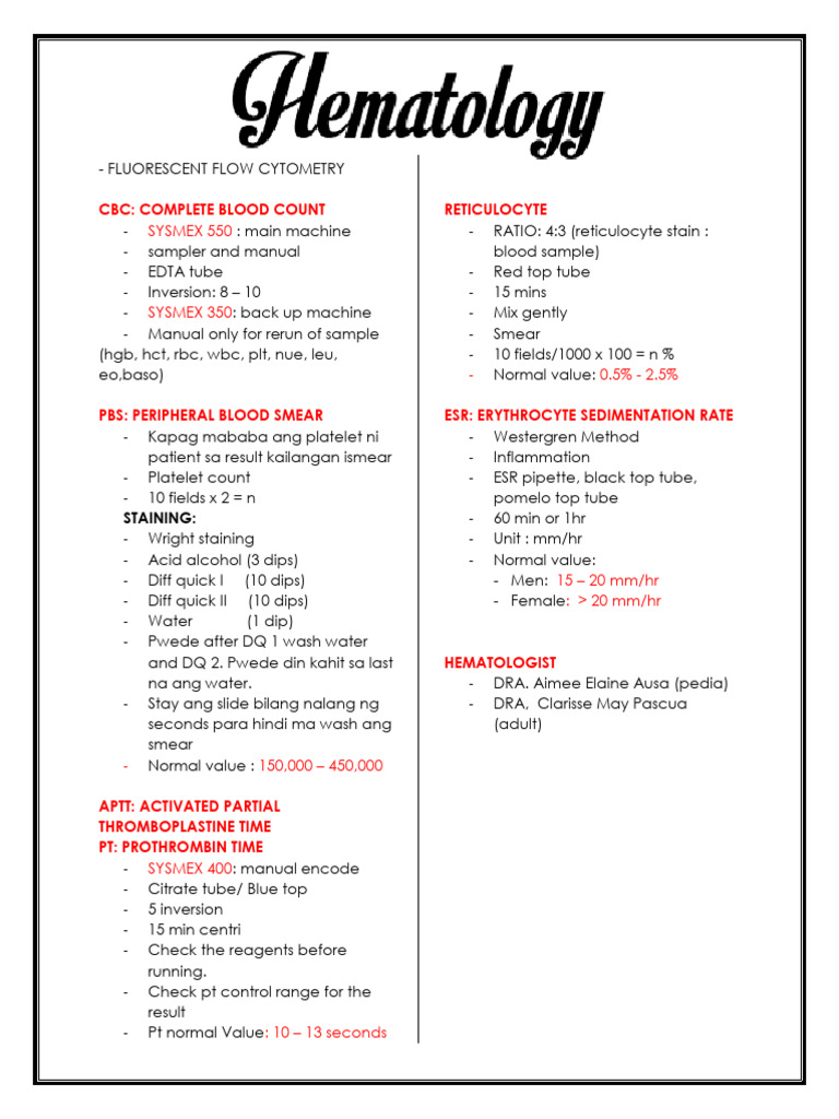 Hematology Procedure | PDF