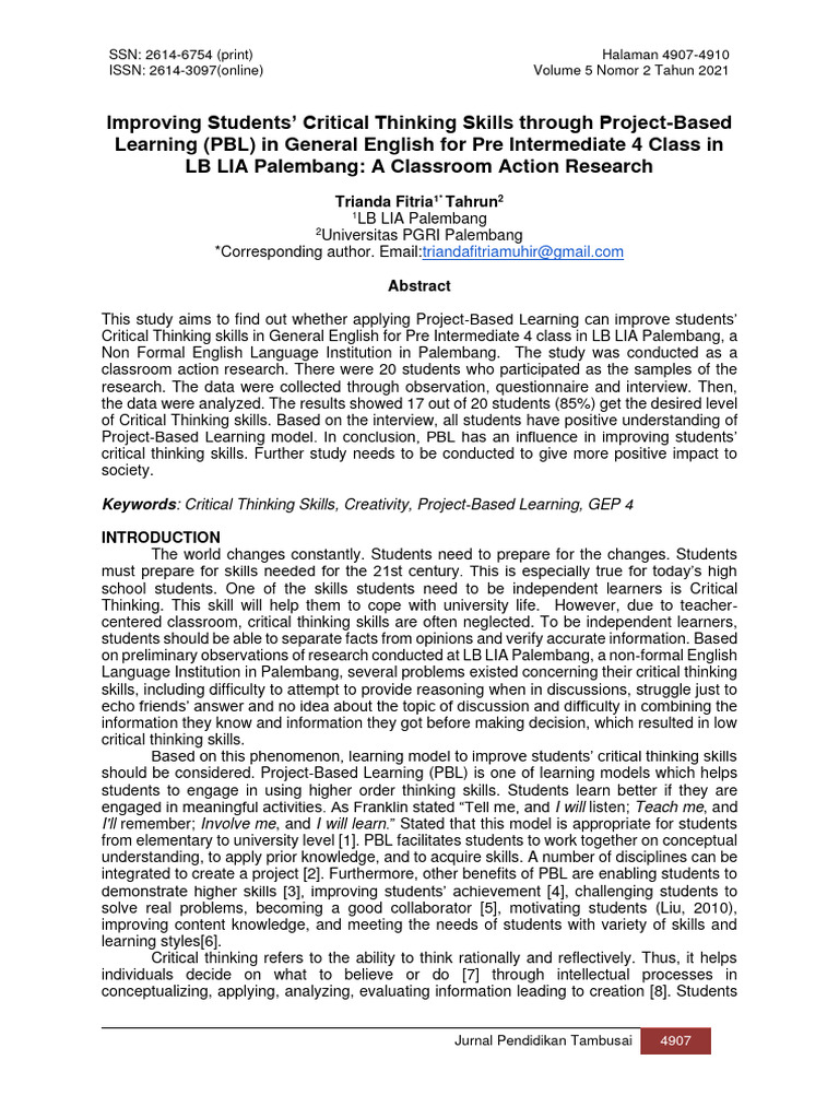 Enhancing Critical Thinking via PBL | PDF | Project Based Learning ...