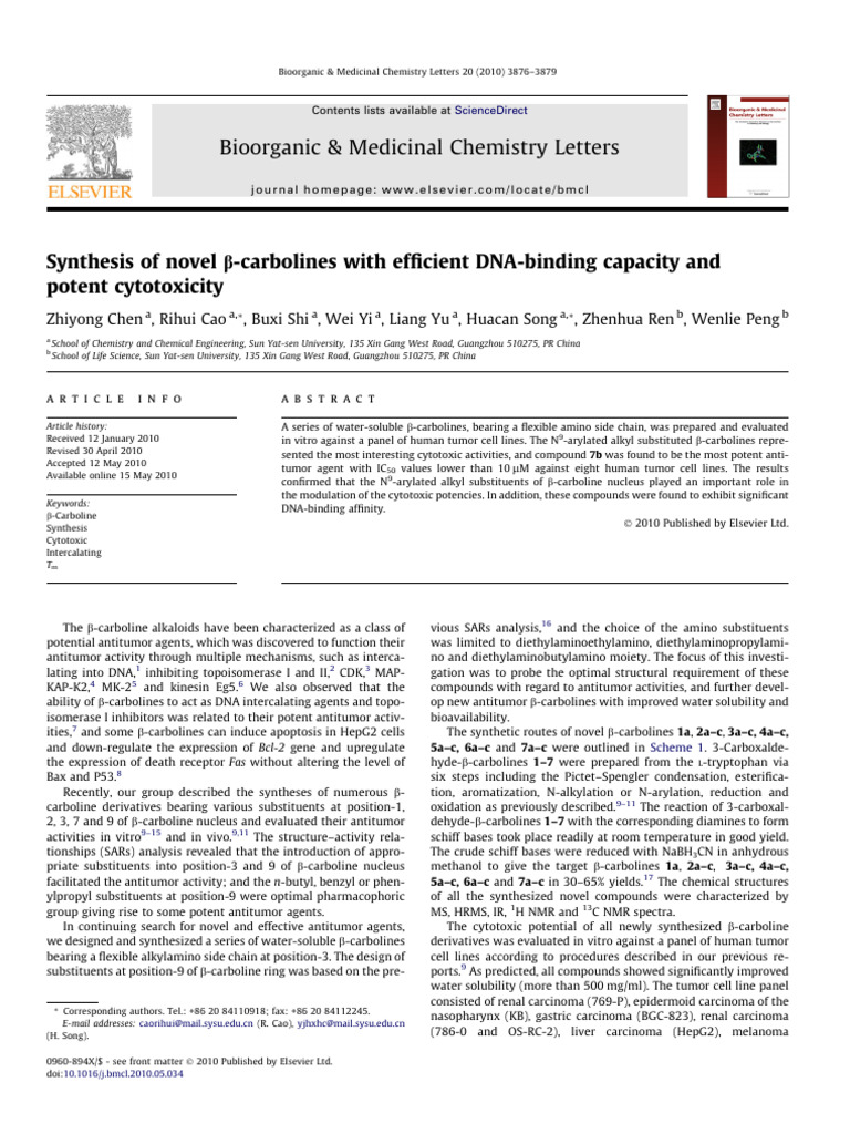 Chen2010 Cao2013 Synthesis of Novel B-Carbolines With Efficient DNA ...