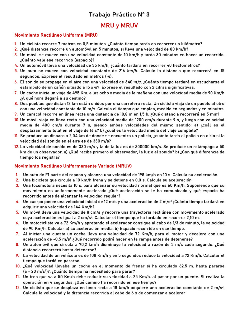 TP N°3 - MRU y MRUV | PDF | Velocidad | Aceleración