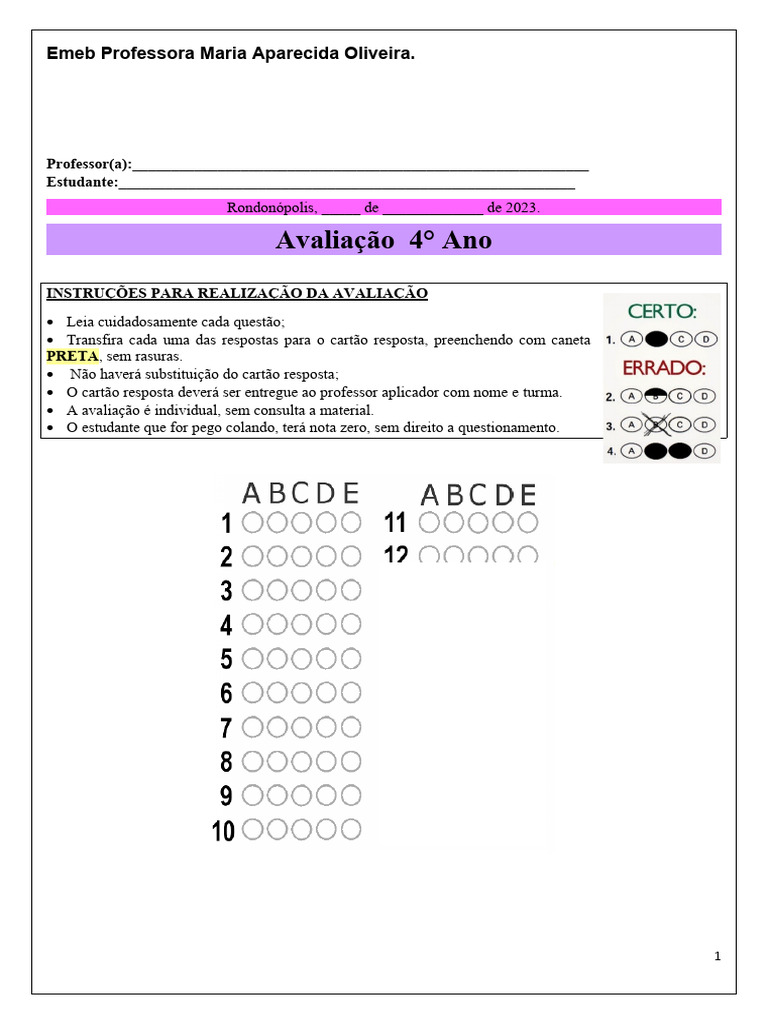 Prova de Portugues 4 Ano | PDF | Sílaba | Vogal