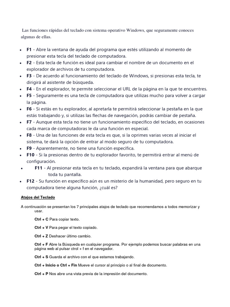 Las funciones rápidas del teclado con sistema operativo Windows | PDF