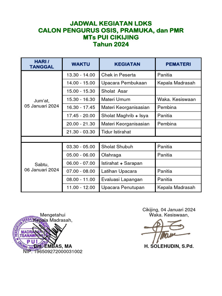 Jadwal Kegiatan LDKS 2024 | PDF