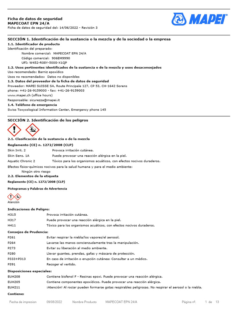 Ficha de Datos de Seguridad - Mapecoat Epn 24-A | PDF | Residuos | Toxicidad