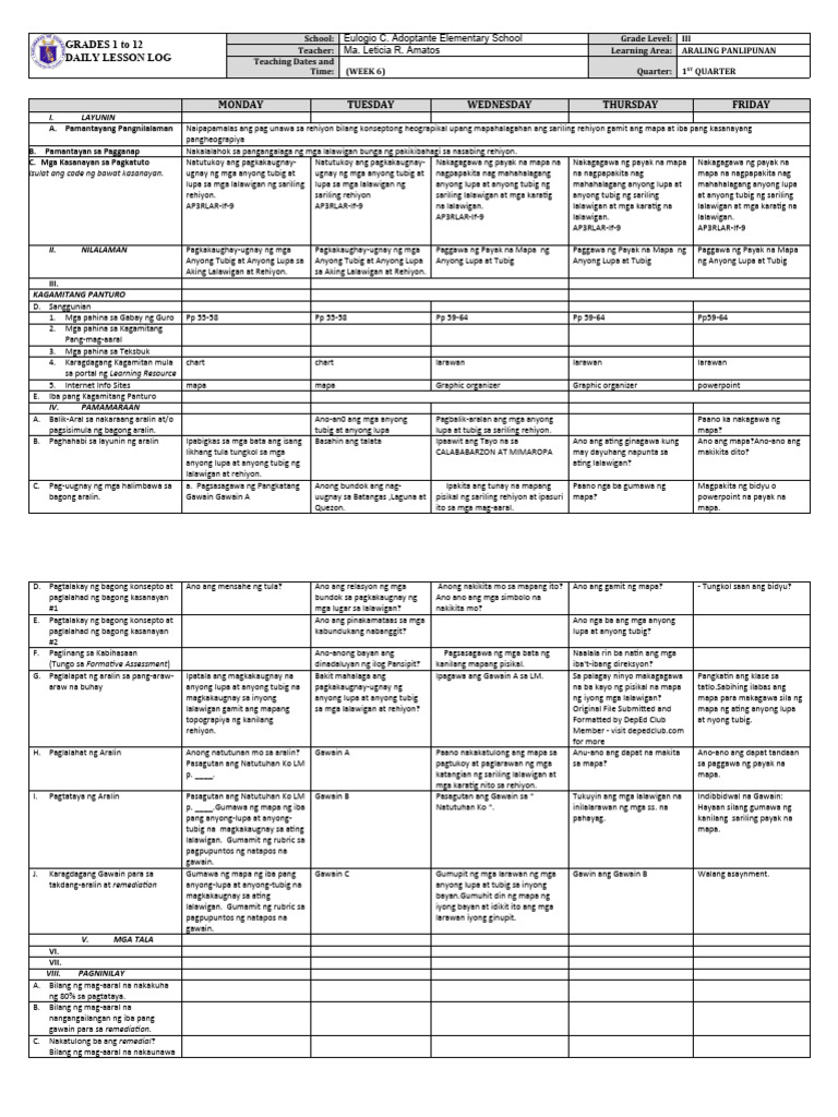 DLL - Araling Panlipunan 3 - Q1 - W6 | PDF