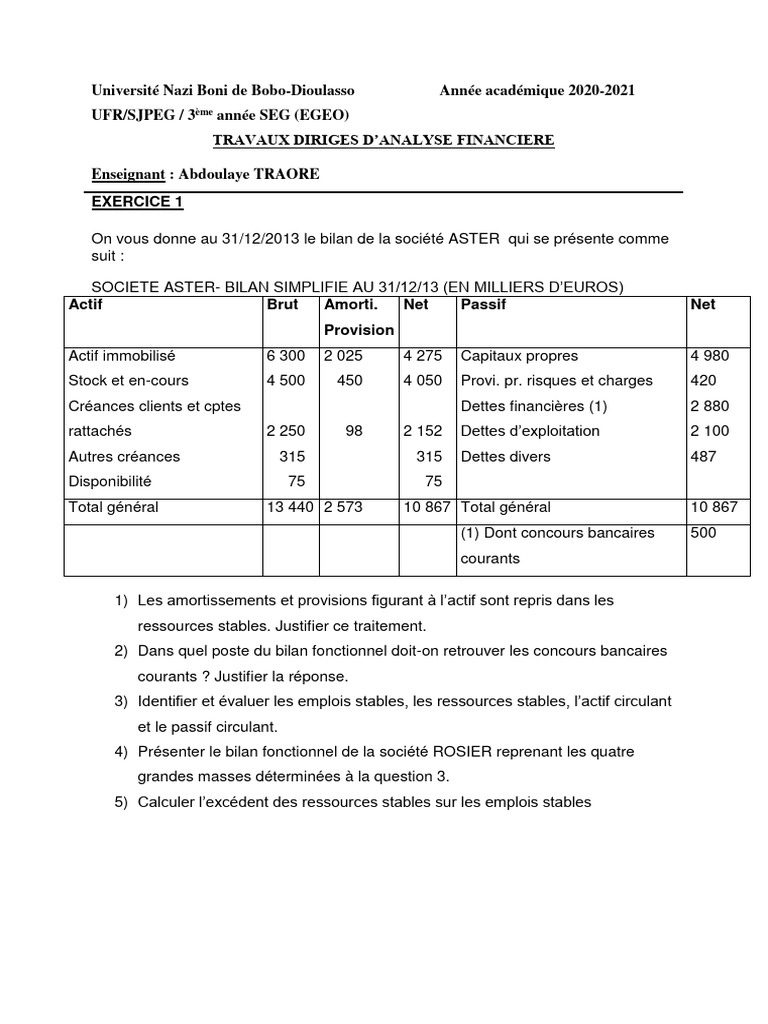 Analyse financière de la société ASTER | PDF | Bilan comptable | Ratio ...