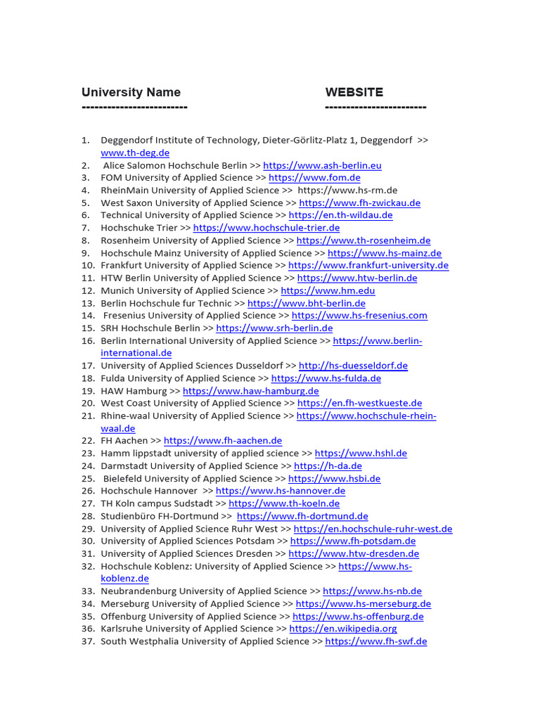 Hochschule University and Website List | PDF