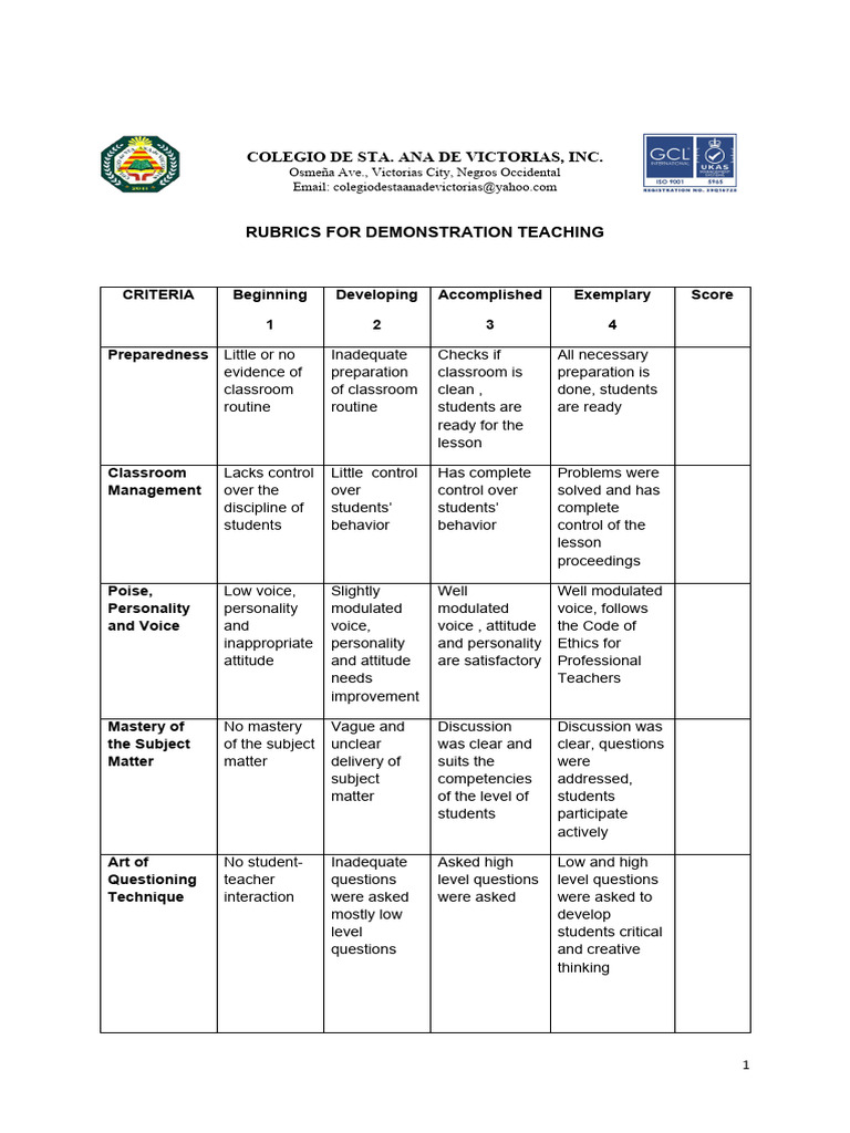 Revised Rubrics For Demo Teaching | PDF | Teachers | Behavioural Sciences