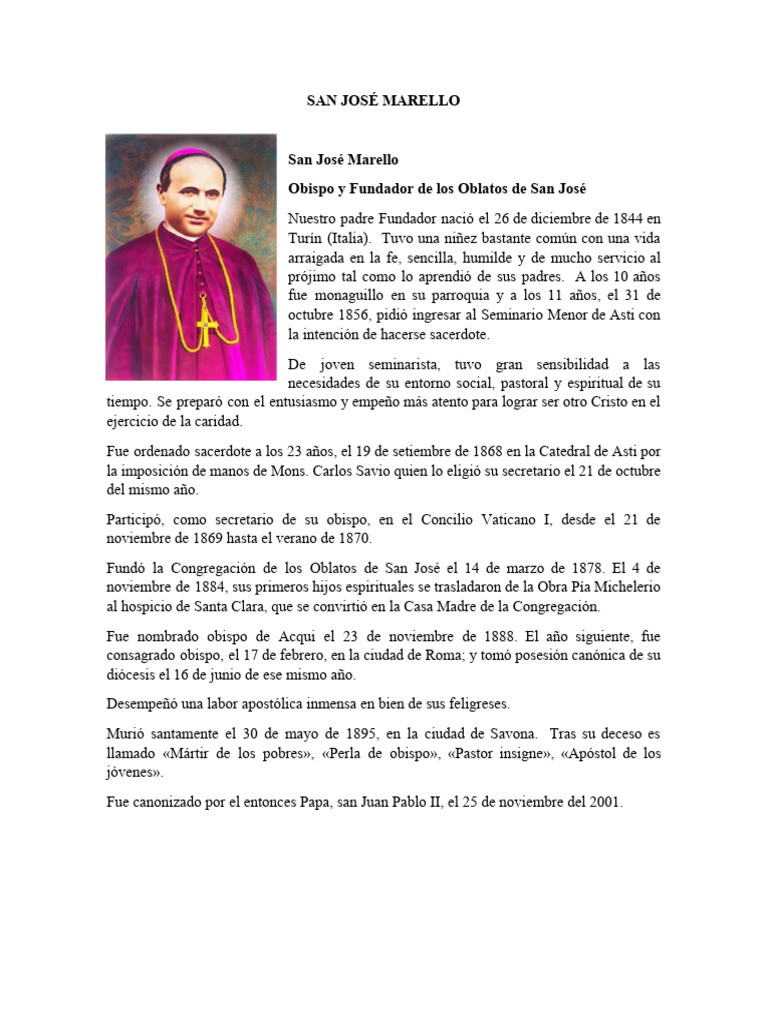 Vida y legado de San José Marello | PDF | Iglesia Católica