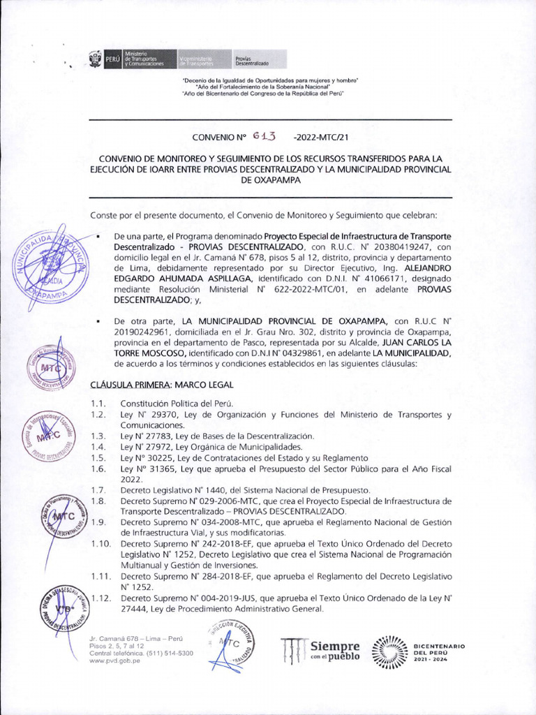 CONVENIO N°613-2022-MTC-21 | PDF