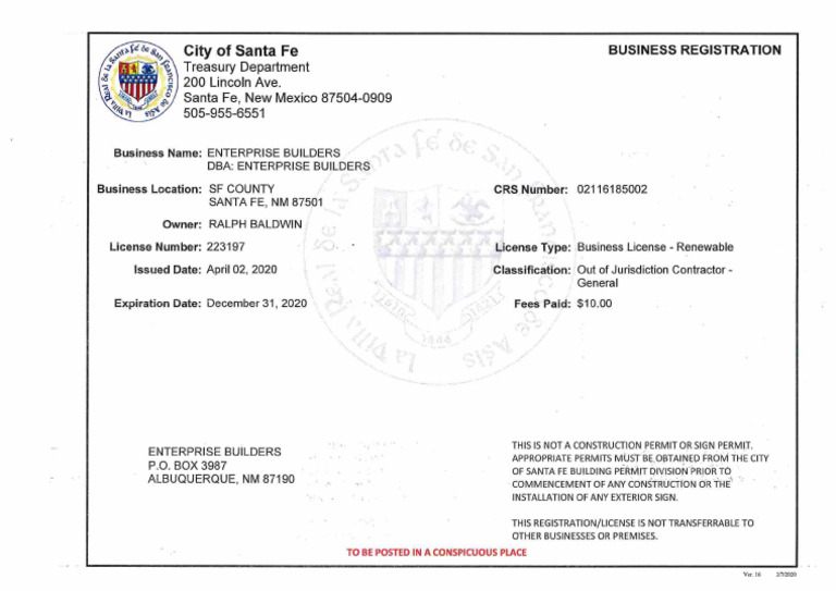 Santa Fe Business License Details | PDF