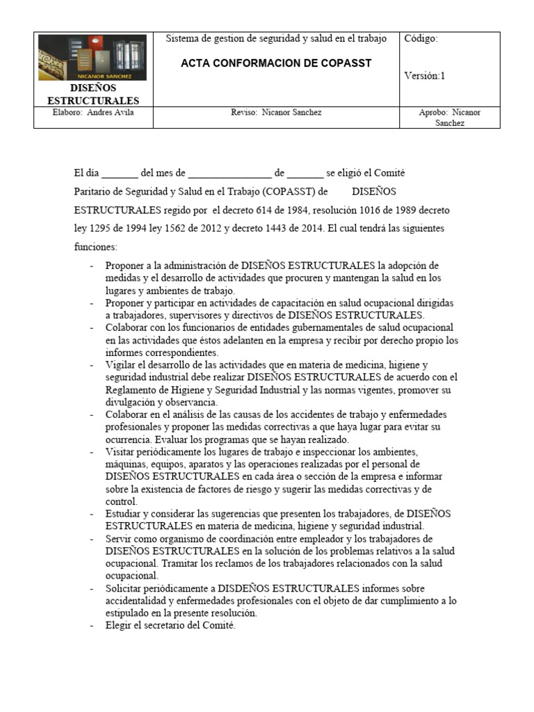 ACTA CONFORMACION DE COPASST | PDF | Seguridad y salud ocupacional