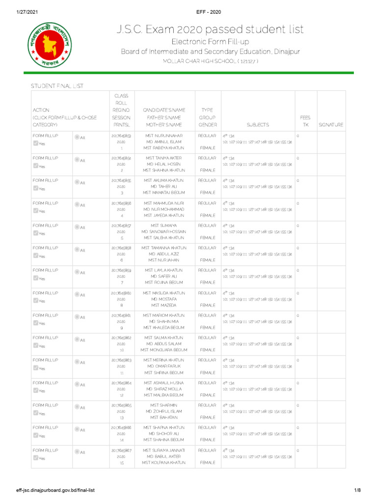 JSC 2020 Passed Students List | PDF | Bangladesh
