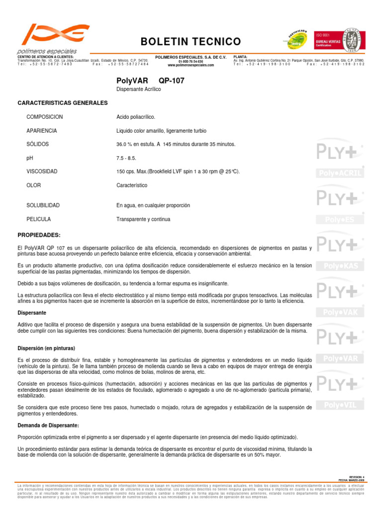 Dispersante Poliacrílico PolyVAR QP-107 | PDF | Suspensión (Química ...