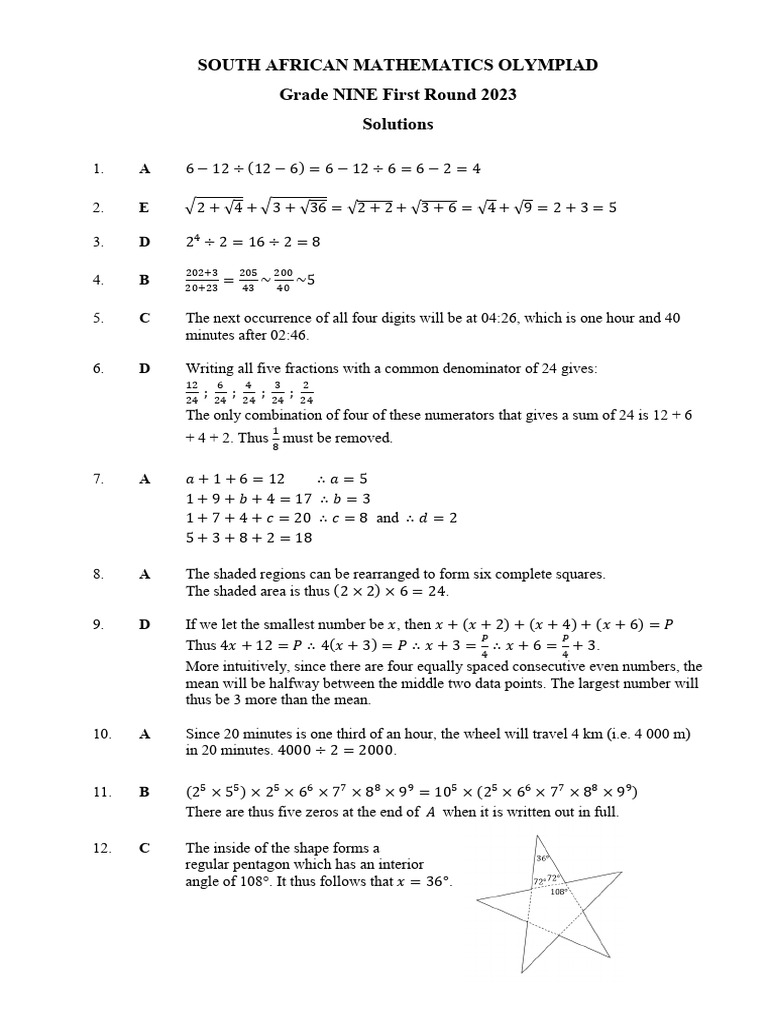 South African Mathematics Olympiad Grade NINE First Round 2023 ...