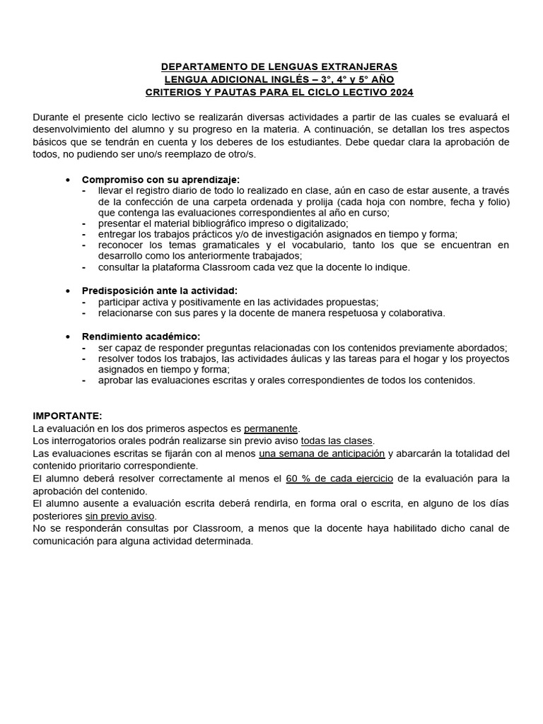 Criterios y Pautas 2024 | PDF | Evaluación | Aprendizaje