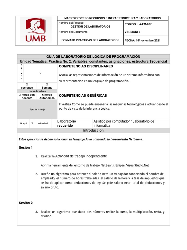 La-Fm-007 Logica de Programacion-Guia02 - 2022 - 1 | PDF | Tipo de datos | Java (lenguaje de ...