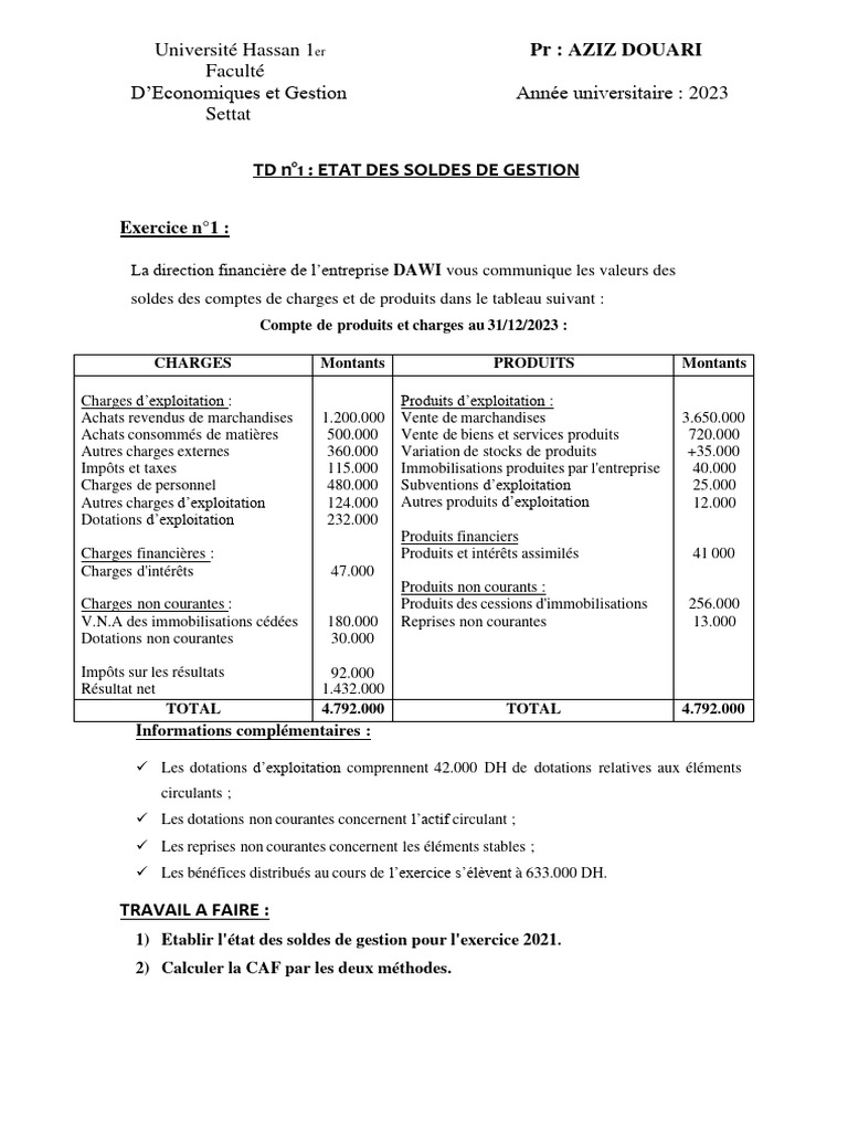 TD N 1 Etat Des Soldes de Gestion Douari Aziz Avec Solution | PDF ...
