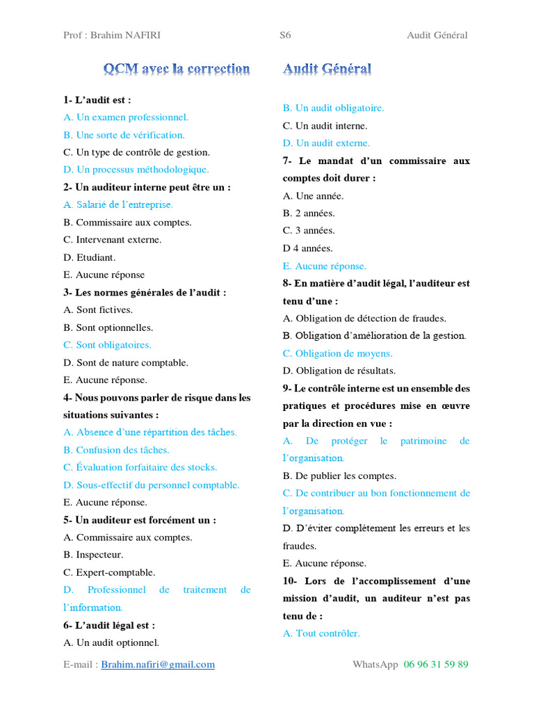 QCM Audit Général avec Corrections | PDF | Audit | Audit financier
