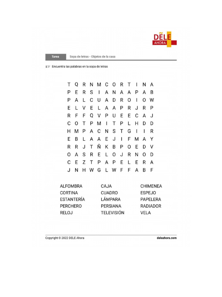 Sopa de Letras Objetos de Casa | PDF