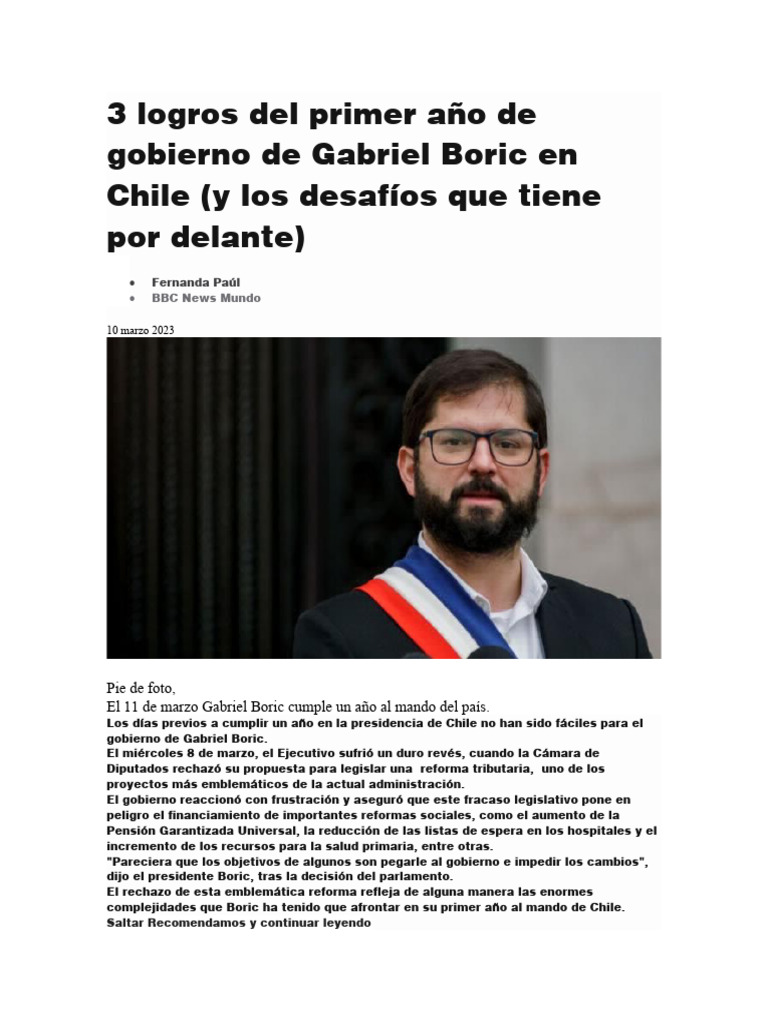 3 Logros Del Primer Año de Gobierno de Gabriel Boric en Chile | PDF ...