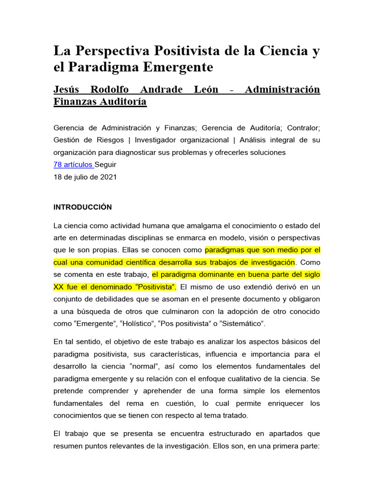 La Perspectiva Positivista de La Ciencia y El Paradigma Emergente | Descargar gratis PDF ...