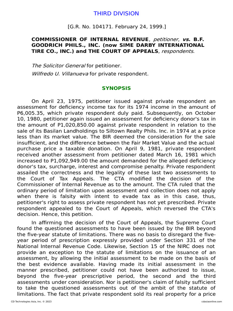 CIR vs. BF Goodrich (1999) | PDF | Taxes | Statute Of Limitations