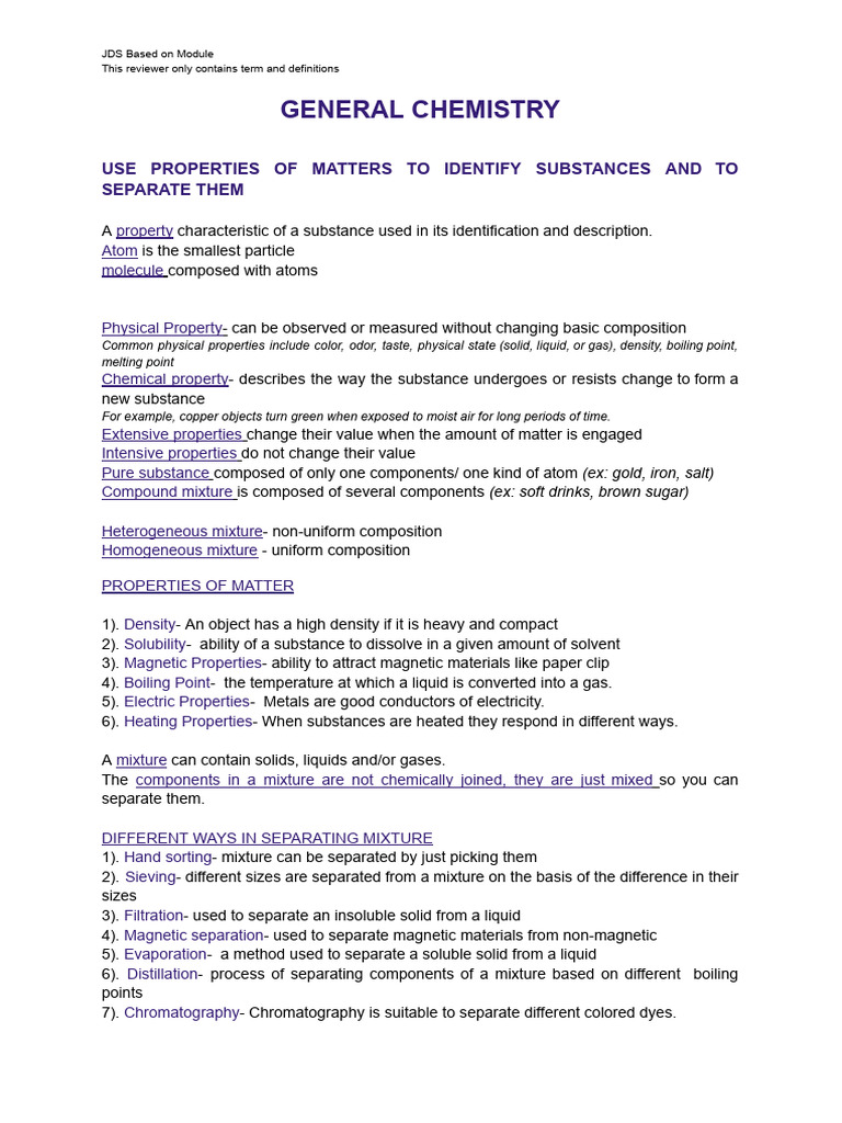 GENERAL CHEMISTRY Reviewer 3rd | PDF | Distillation | Chemical Substances