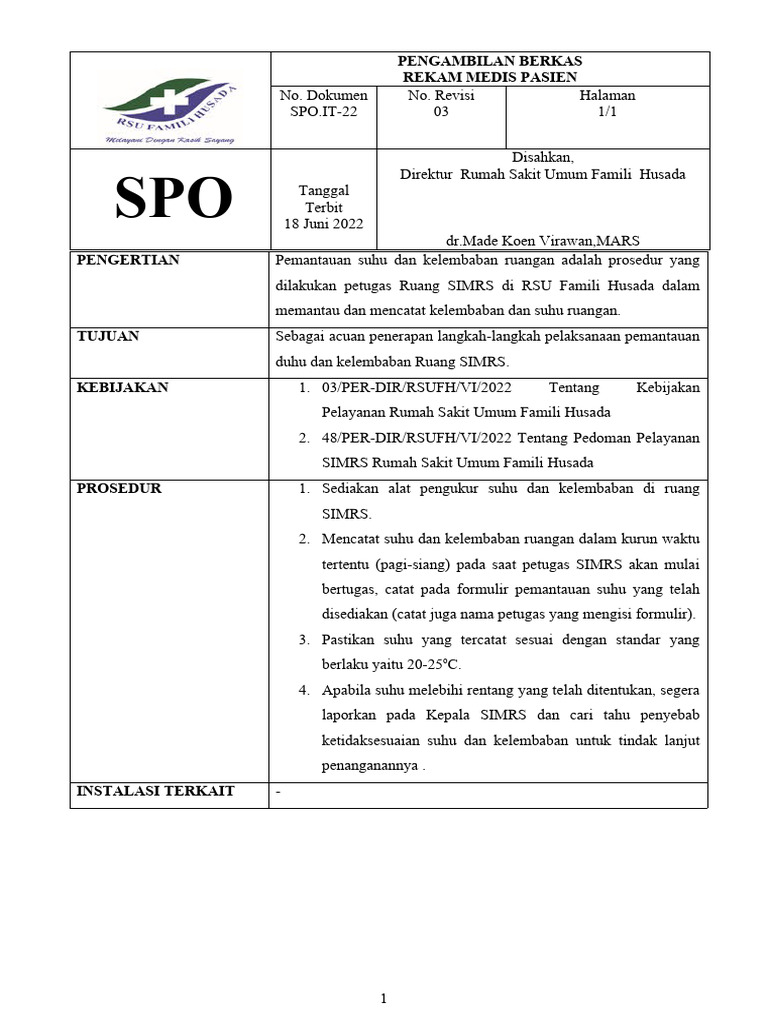 SOP Pemantauan Suhu Ruang SIMRS | PDF