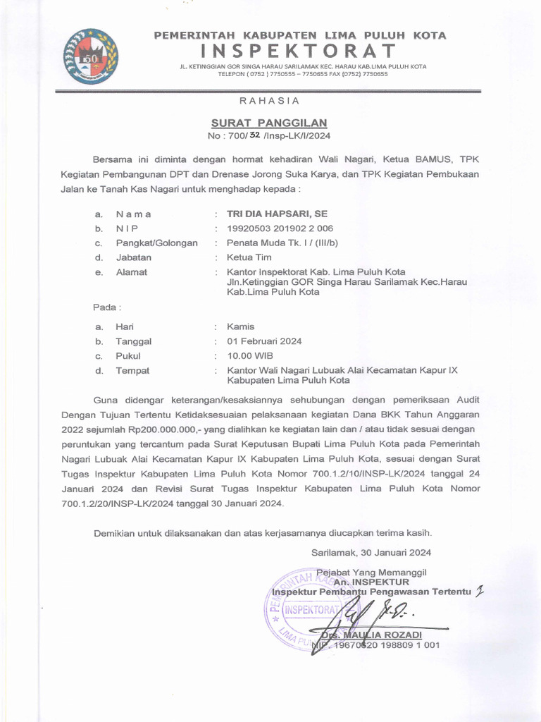 Surat Panggilan Wali Nagari, Ketua Bamus | PDF Surat Panggilan Wali Nagari, Ketua Bamus | PDF