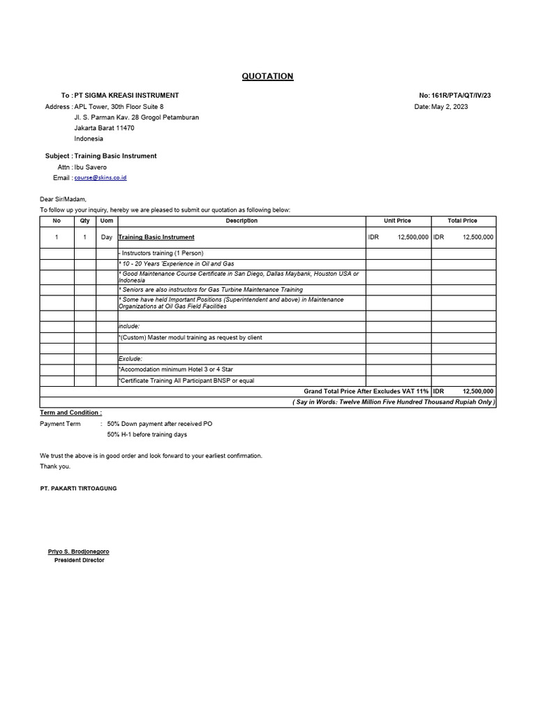 161R PTA QT IV 23 Quotation Training Basic Instrument | PDF
