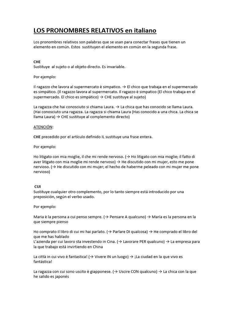 Pronomi relativi (Pronombres relativos) | PDF | Mecánica del lenguaje ...