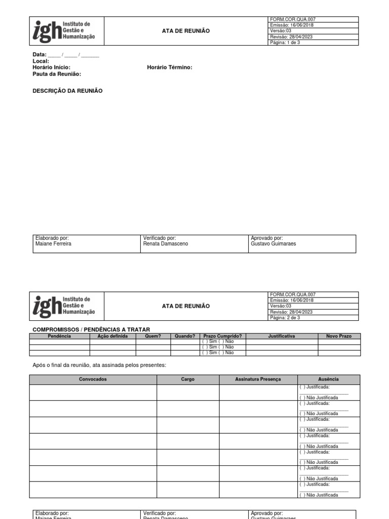 Ata de Reunião FORM.COR.QUA.007 | PDF