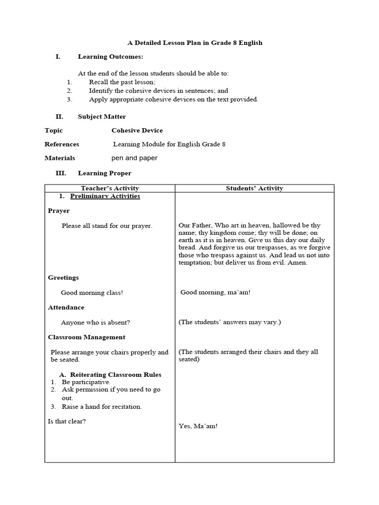 Grade 8 English Lesson Plan: Cohesive Devices | PDF | Lord's Prayer ...