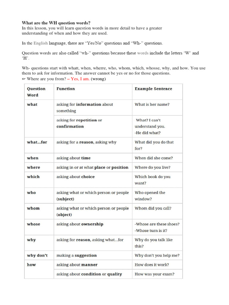 WH Question Words | PDF