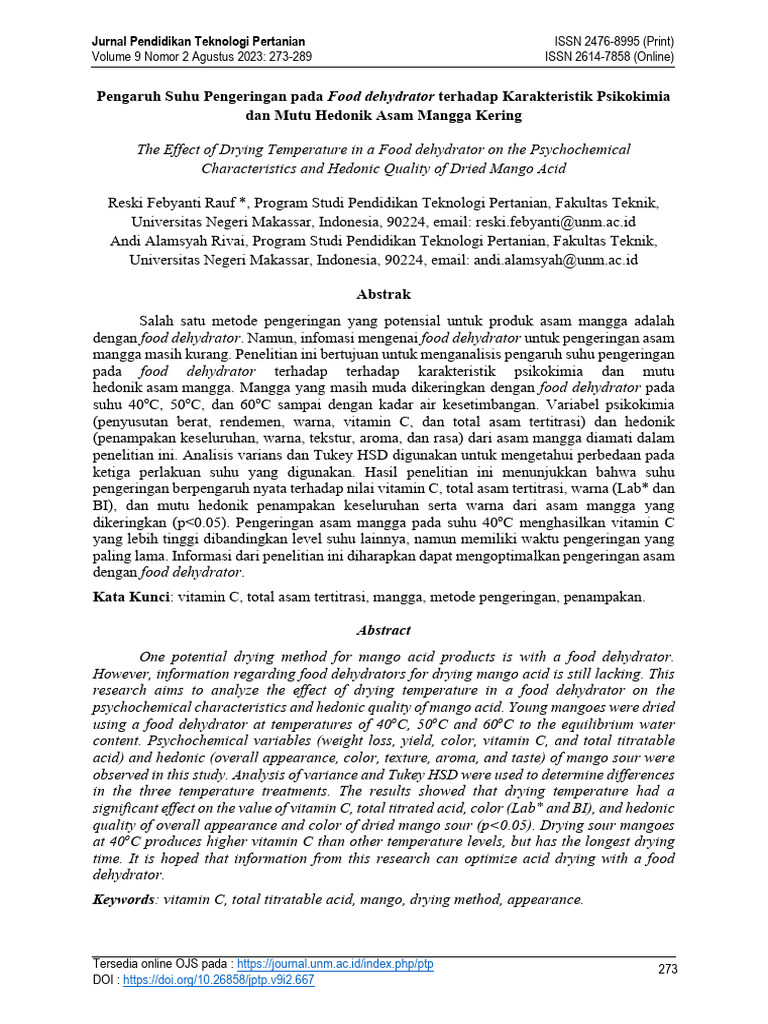 Pengaruh Suhu Pengeringan Pada Food Dehydrator Terhadap Karakteristik ...