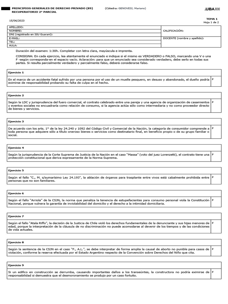 PGDP 1C 2023 Recuperatorio Segundo Parcial TEMA 1 Con Clave de Corrección | PDF | Caso de ley ...