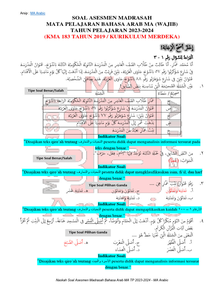 New - Soal Asesmen Madrasah Bahasa Arab Wajib MA TP 2023-2024 - MA Arabic | PDF