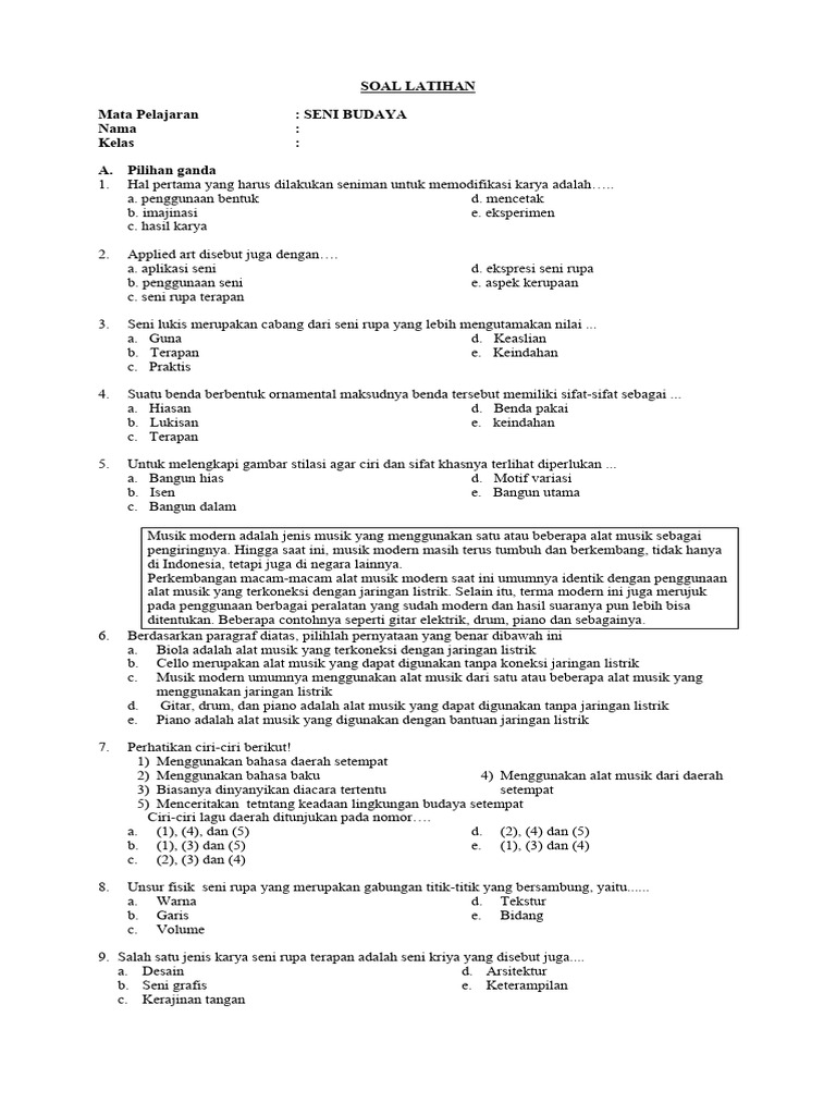 SOAL UJIAN AKHIR SEKOLAH TP SENI BUDAYA - Salin | PDF