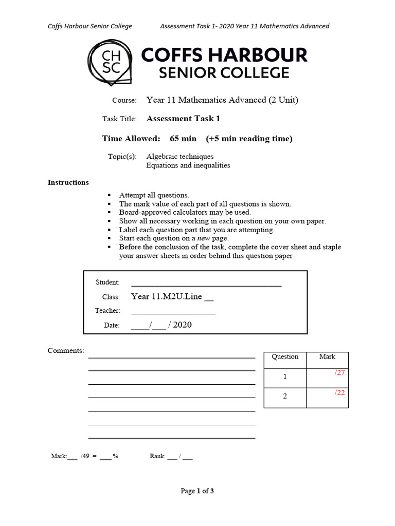 Year 11 Math Assessment Task 2020 | PDF