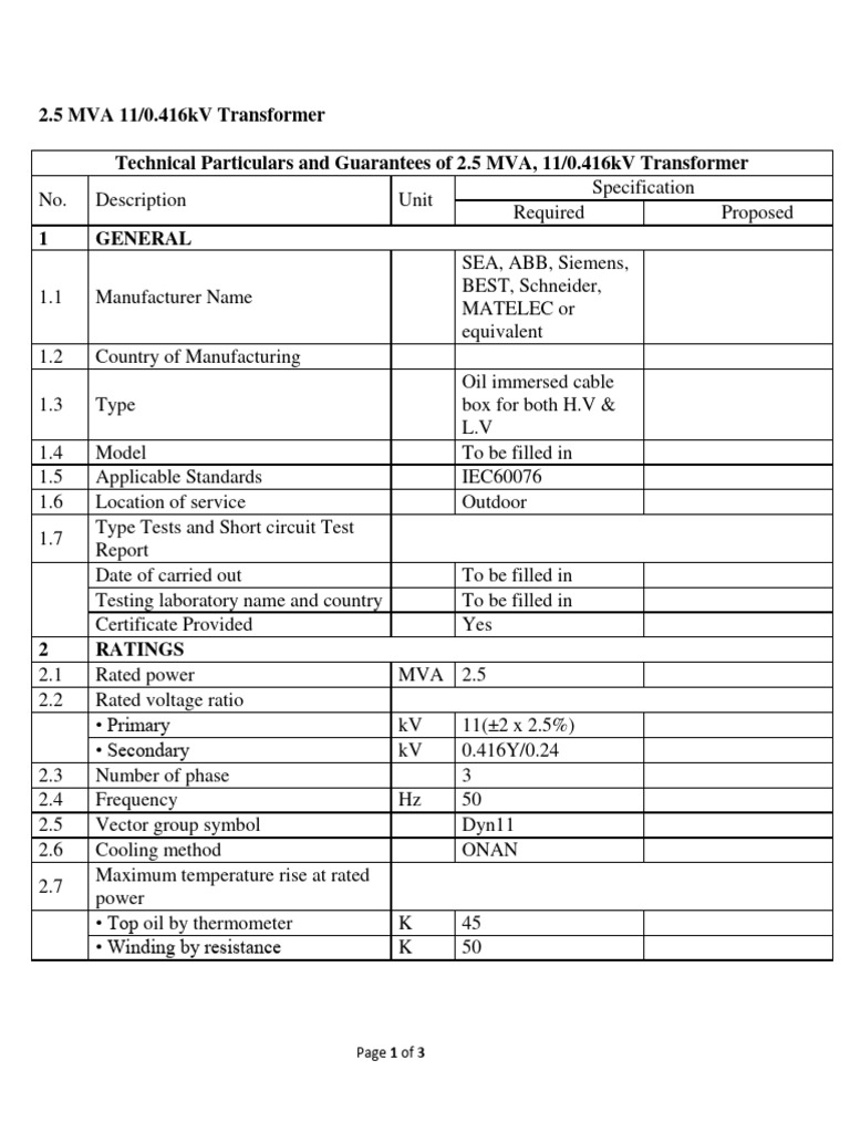 2.5 MVA Transformer Specifications | PDF