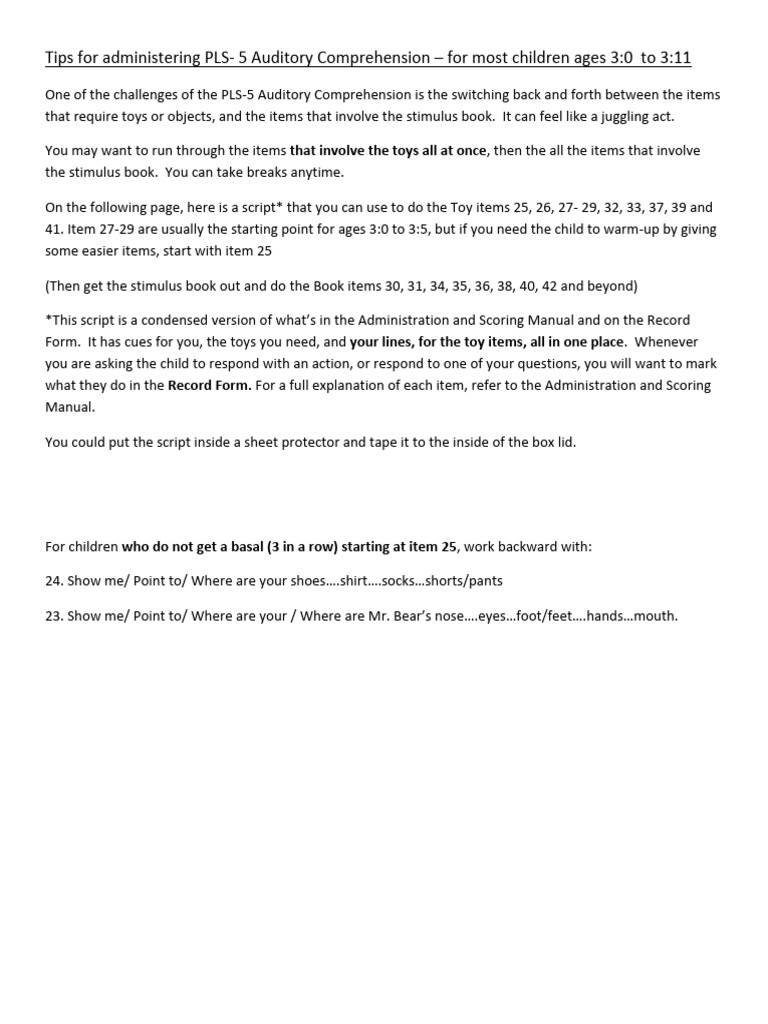 PLS-5 Auditory Comprehension - Script | PDF | Teaching Methods & Materials