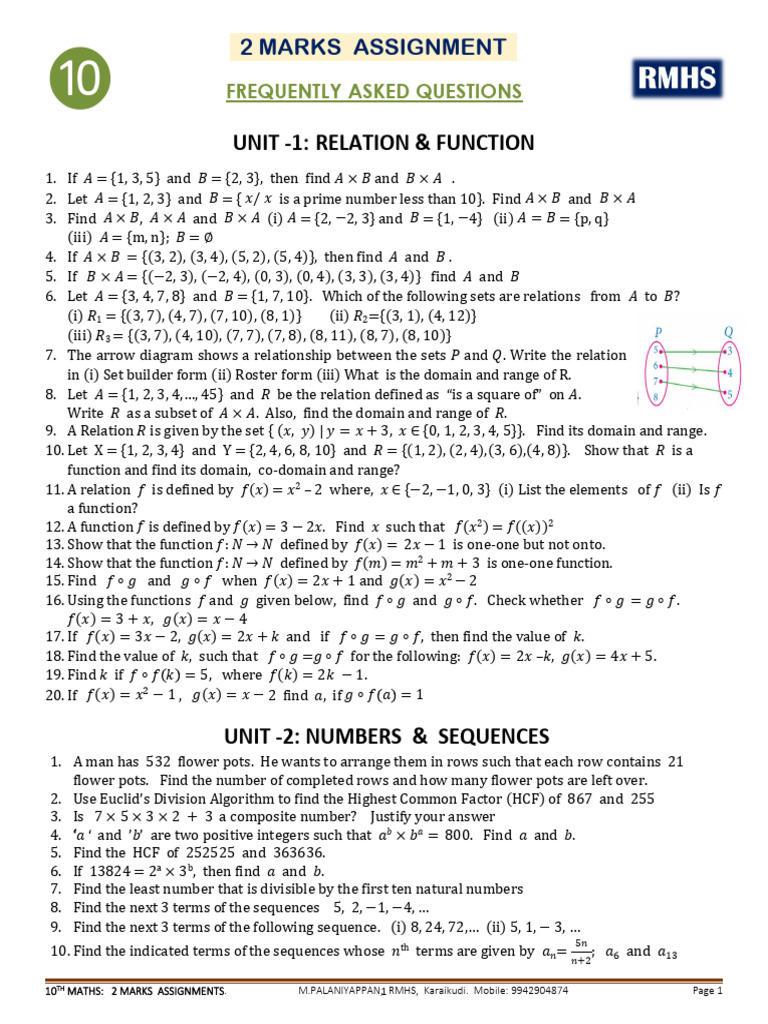 10th Grade Maths: 2 Marks Assignments | PDF