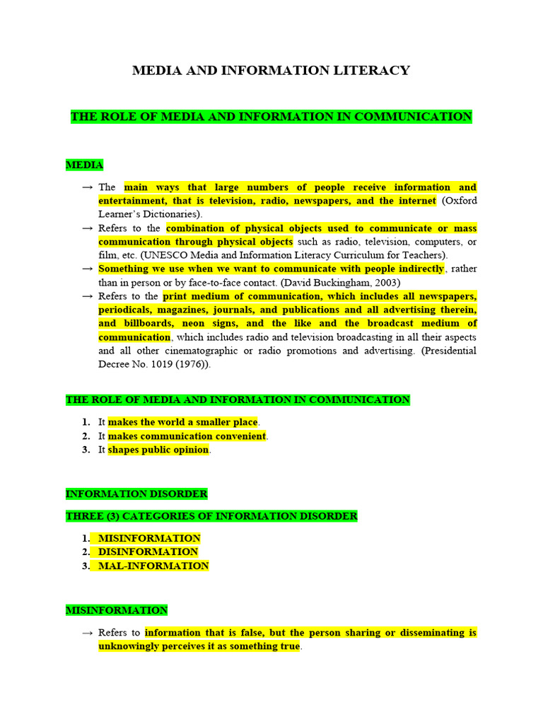 MEDIA AND INFORMATION LITERACY (THE ROLE OF MEDIA AND INFORMATION IN ...