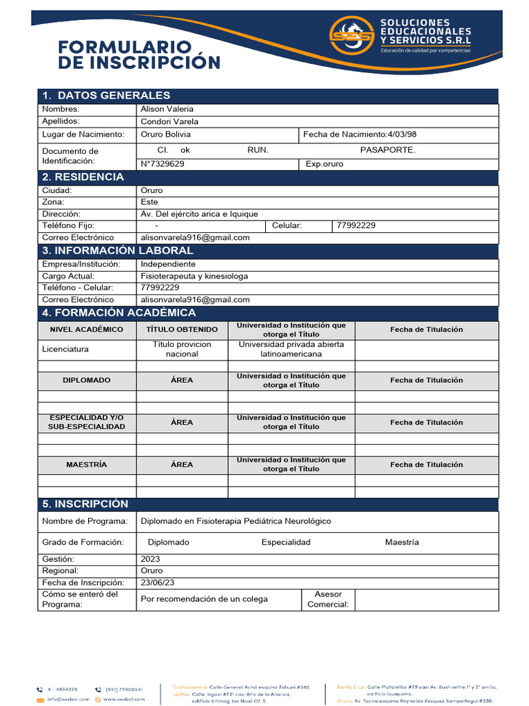 Formulario de Inscripcion para Completado | PDF