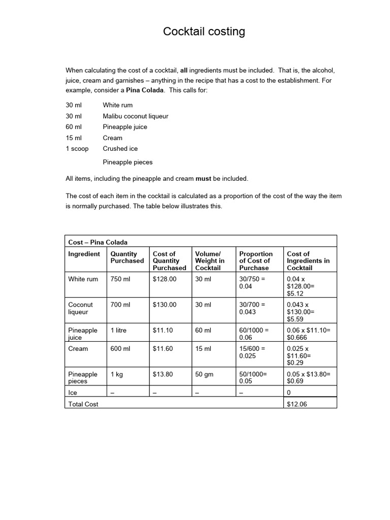 Cocktail Costing and Pricing Guide | PDF | Drink | Alcoholic Drinks